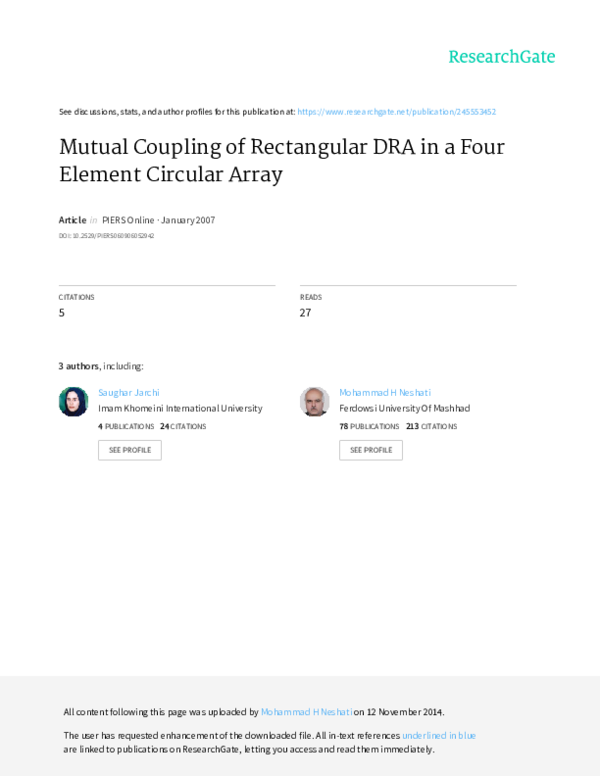 Pdf Mutual Coupling Of Rectangular Dra In A Four Element Circular Array