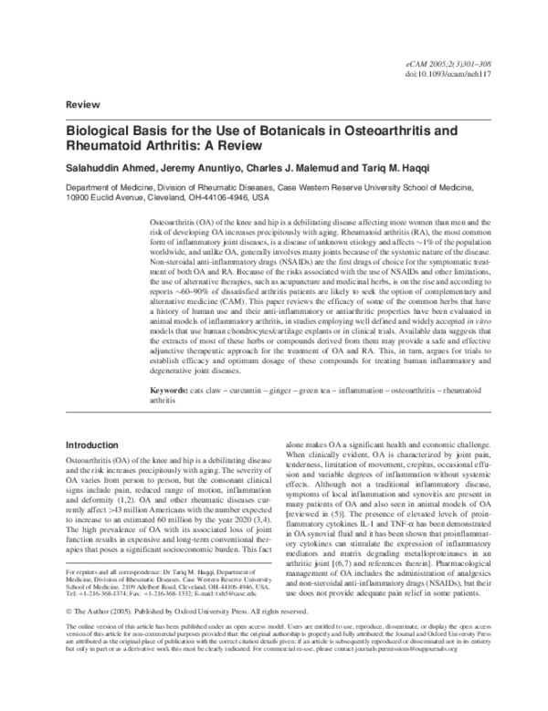 (PDF) Biological Basis for the Use of Botanicals in Osteoarthritis and Rheumatoid Arthritis: A ...