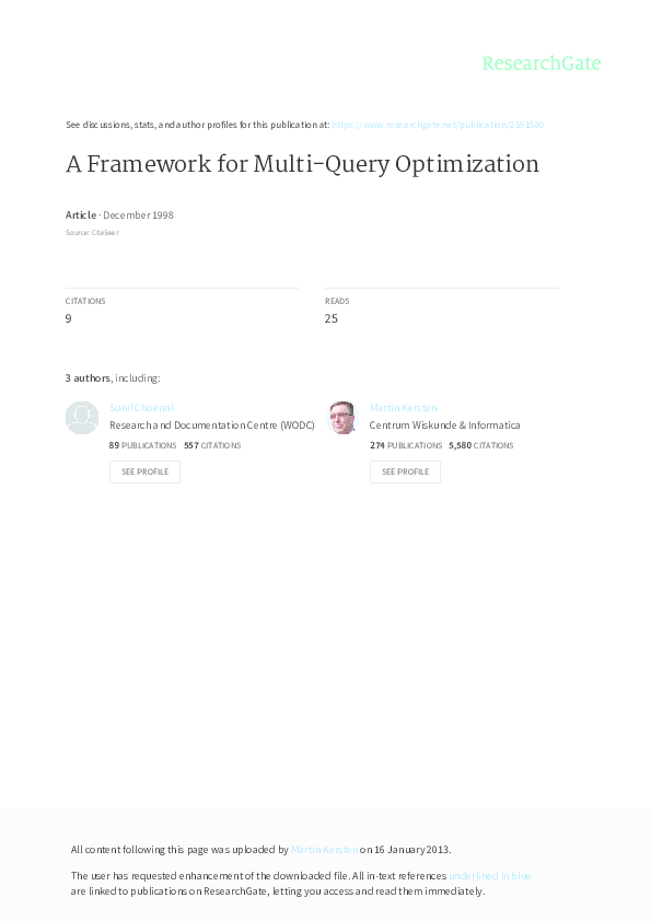 Pdf A Framework For Multi Query Optimization