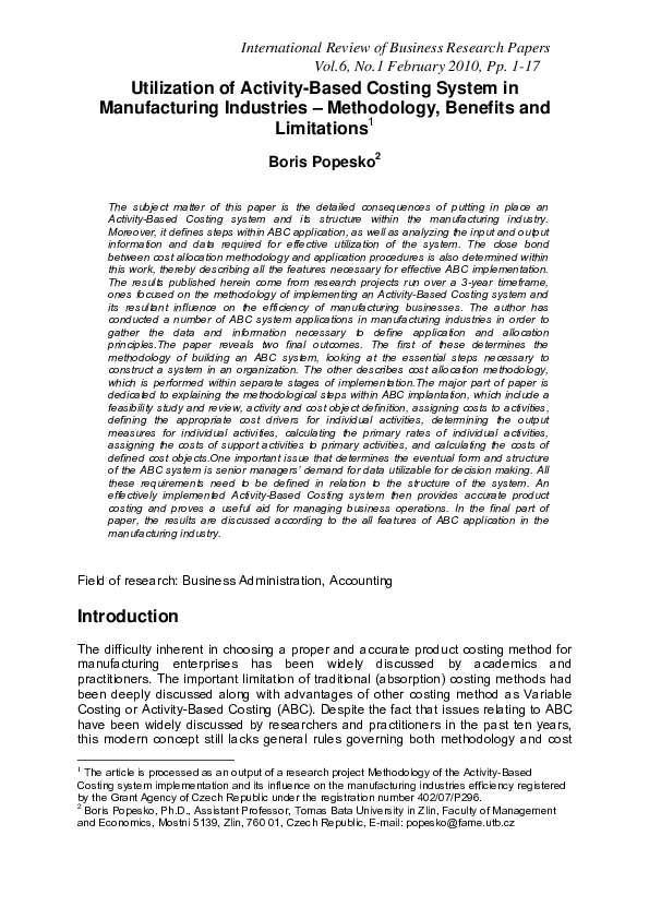 (PDF) Utilization of Activity-Based Costing System in Manufacturing Industries – Methodology ...