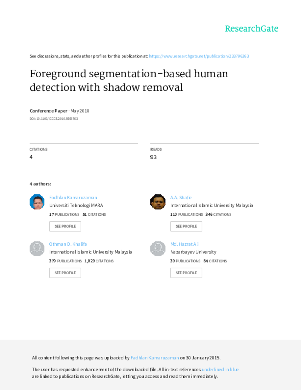 (PDF) Foreground segmentation-based human detection with shadow removal