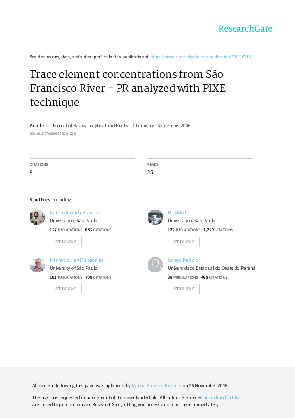 (PDF) Trace element concentrations from São Francisco River - PR analyzed with PIXE technique