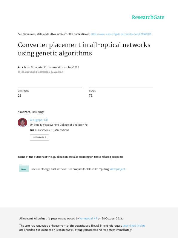 Pdf Converter Placement In All Optical Networks Using Genetic Algorithms