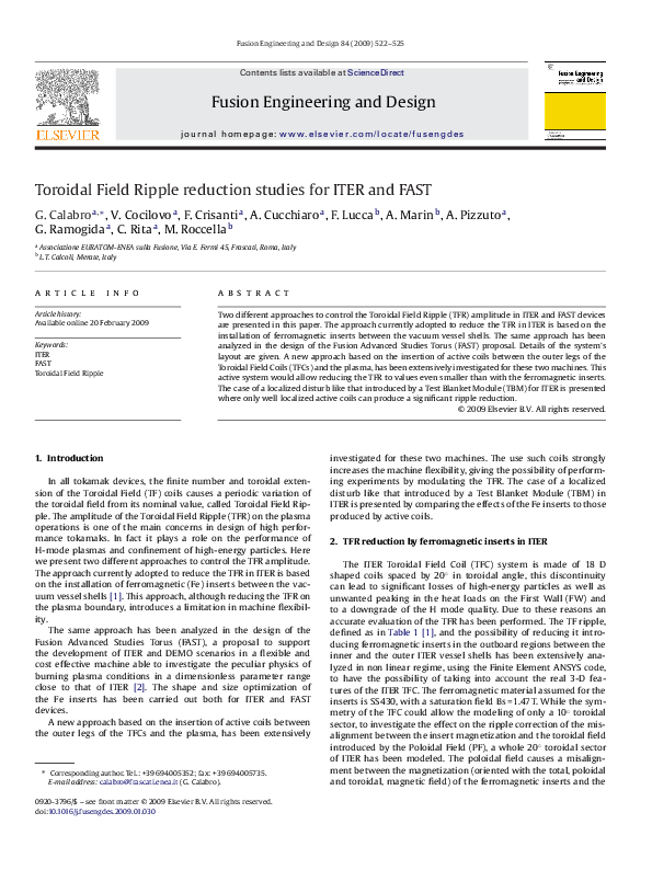 (PDF) Toroidal Field Ripple reduction studies for ITER and FAST