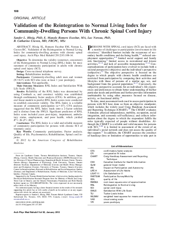 (PDF) Validation of the Reintegration to Normal Living Index for ...