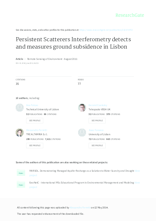(PDF) Persistent Scatterers Interferometry detects and measures ground subsidence in Lisbon