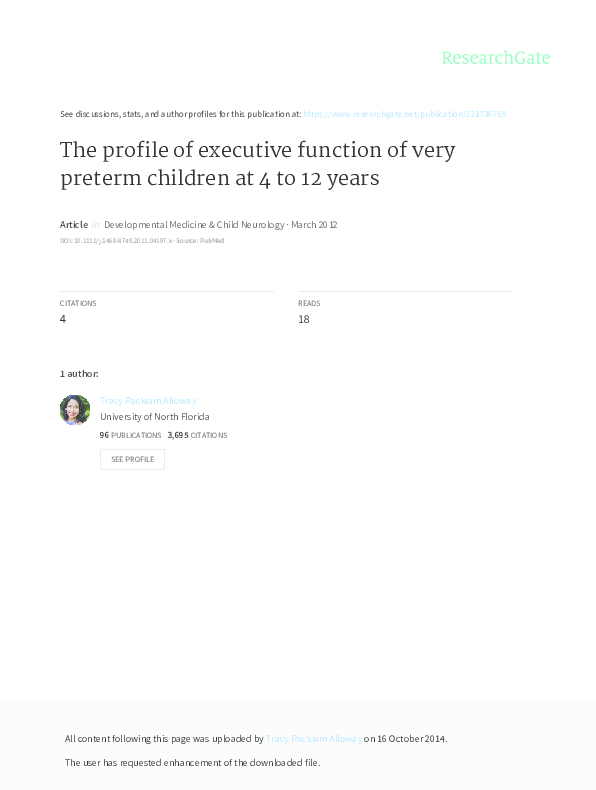 (PDF) The profile of executive function of very preterm children at 4 ...