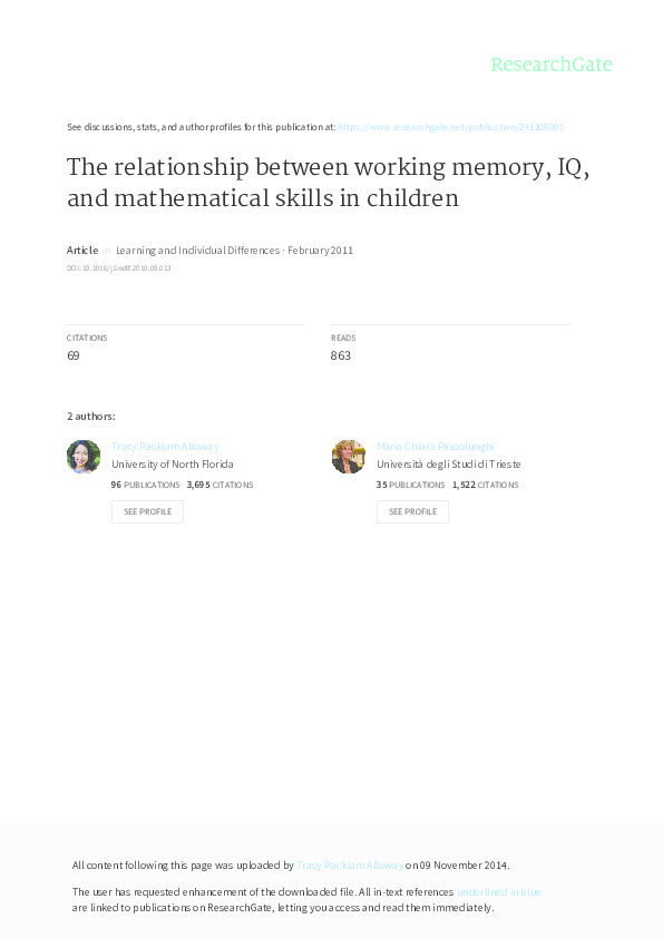 (PDF) The relationship between working memory, IQ, and mathematical skills in children