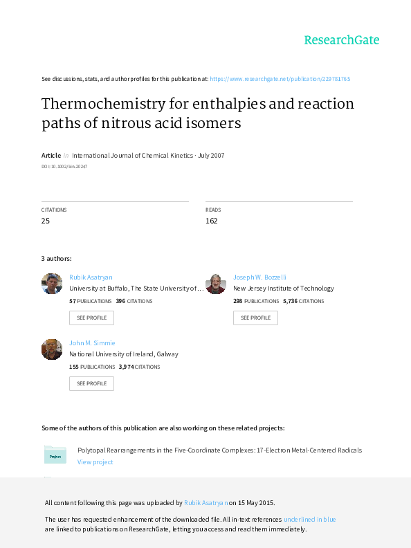 (PDF) Thermochemistry for enthalpies and reaction paths of nitrous acid ...