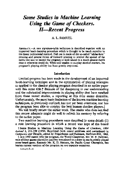 (PDF) Some studies in machine learning using the game of checkers