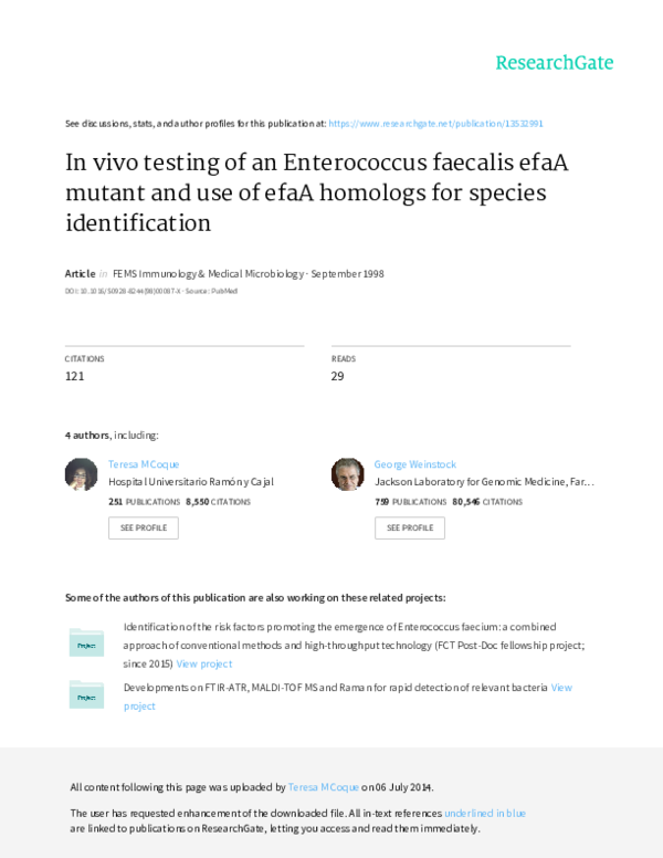 (PDF) In vivo testing of an Enterococcus faecalis efaA mutant and use ...