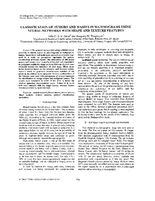 Pdf Classification Of Tumors And Masses In Mammograms Using Neural Networks With Shape And