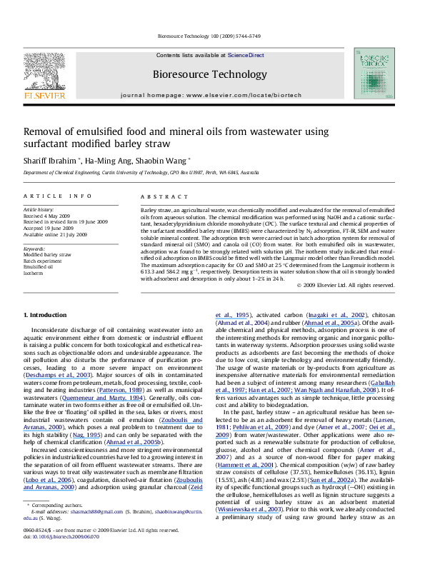 (PDF) Surfactant modified barley straw for removal of acid and reactive dyes from aqueous solution