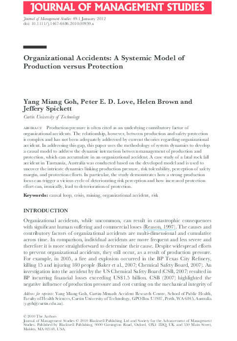(PDF) Organizational Accidents: A Systemic Model of Production versus ...