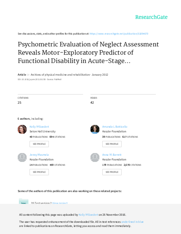 (PDF) Psychometric Evaluation of Neglect Assessment Reveals Motor ...