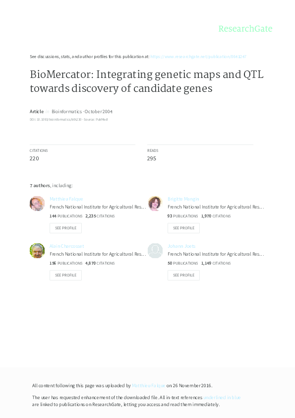(PDF) BioMercator: integrating genetic maps and QTL towards discovery ...