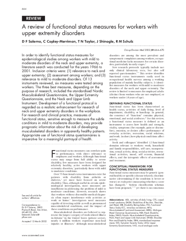 Pdf Pam19 A Review Of Functional Status Measures For Workers With Upper Extremity Disorders