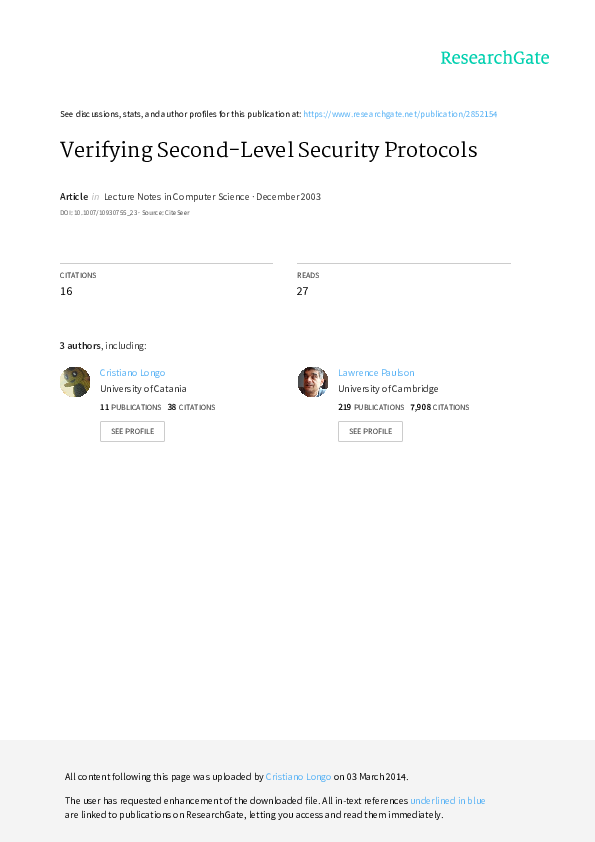 (PDF) Verifying Second-Level Security Protocols