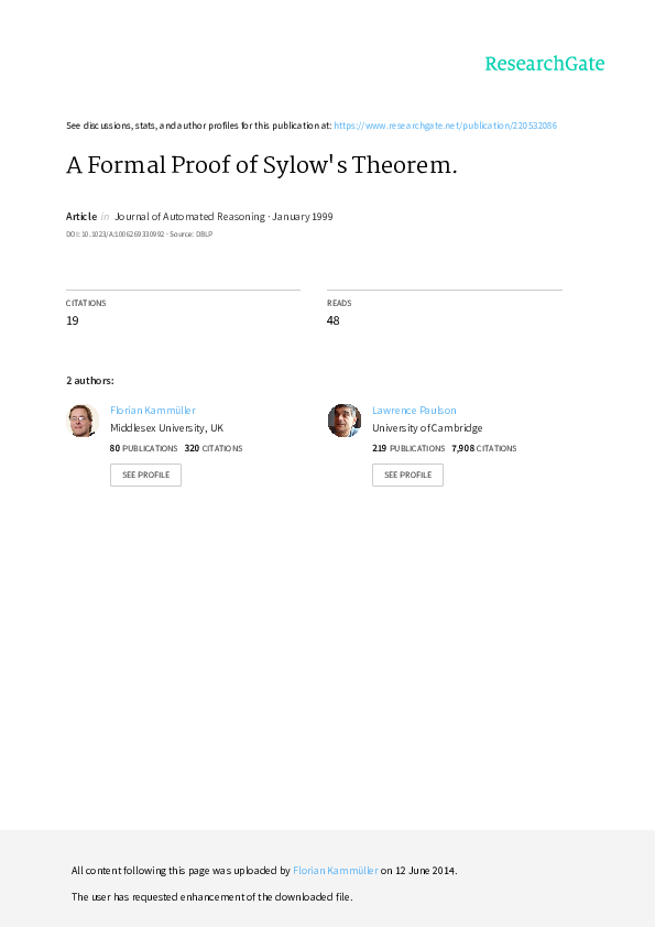 (PDF) A Formal Proof of Sylow's Theorem