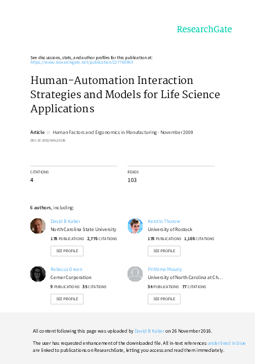 Pdf Human Automation Interaction Strategies And Models For Life Science Applications