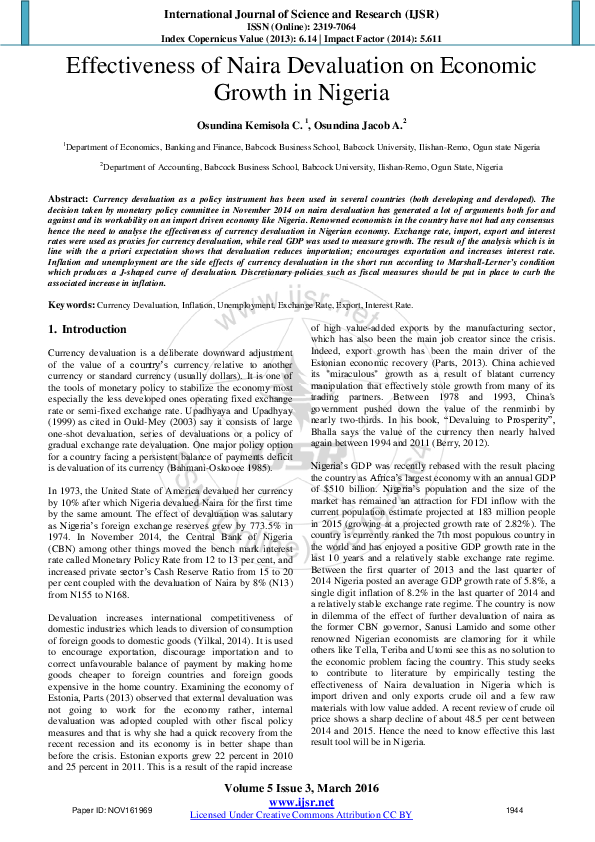 (PDF) Effectiveness of Naira Devaluation on Economic Growth in Nigeria