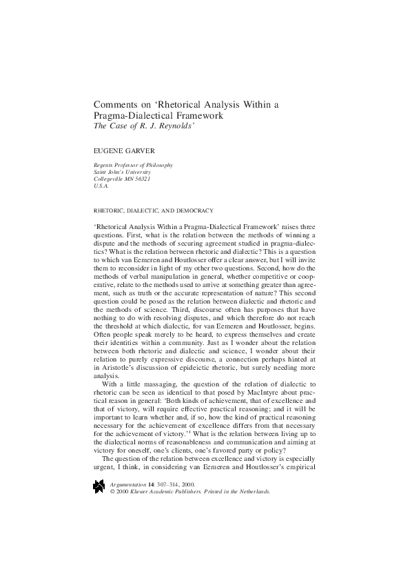 Pdf Comments On `rhetorical Analysis Within A Pragma Dialectical Framework