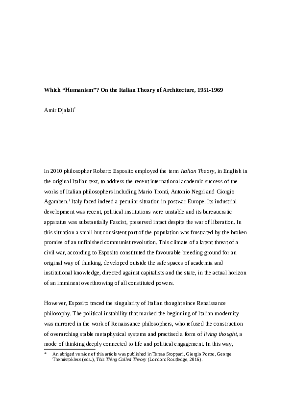 (PDF) Which "Humanism"? On the Italian Theory of Architecture, 1951-1969