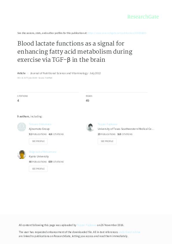 (PDF) Blood lactate functions as a signal for enhancing fatty acid ...