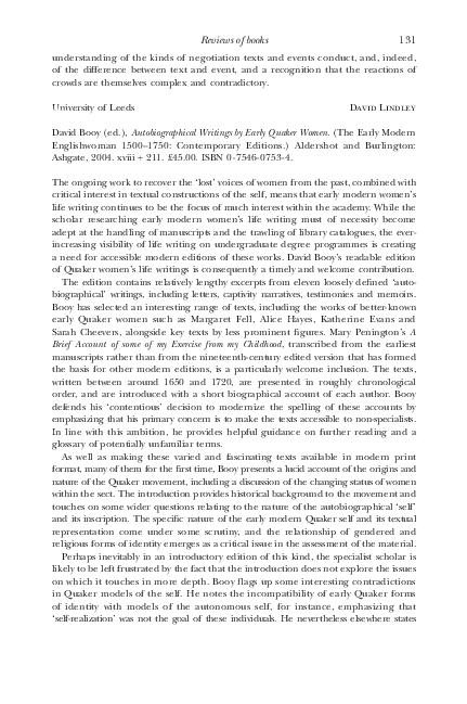 (PDF) Autobiographical Writings by Early Quaker Women Edited by David Booy
