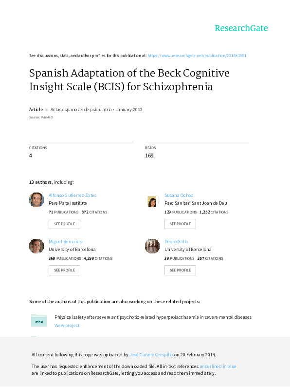 (PDF) Spanish adaptation of the Beck Cognitive Insight Scale (BCIS) for ...