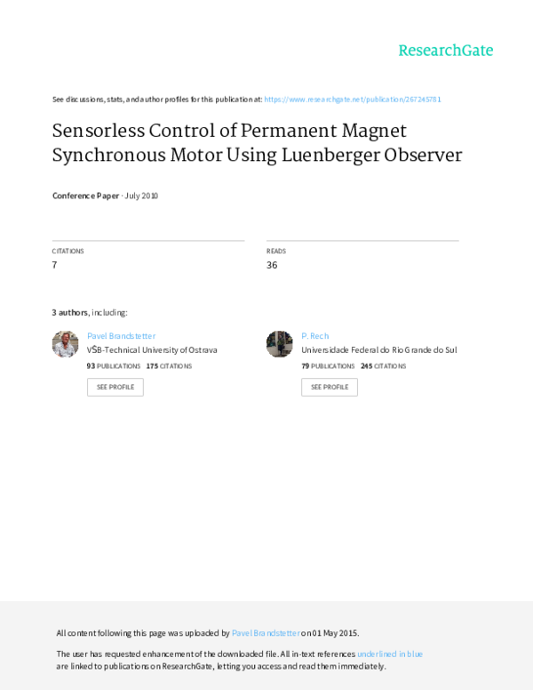 Pdf Sensorless Control Of Permanent Magnet Synchronous Motor Based On Unscented Kalman Filter