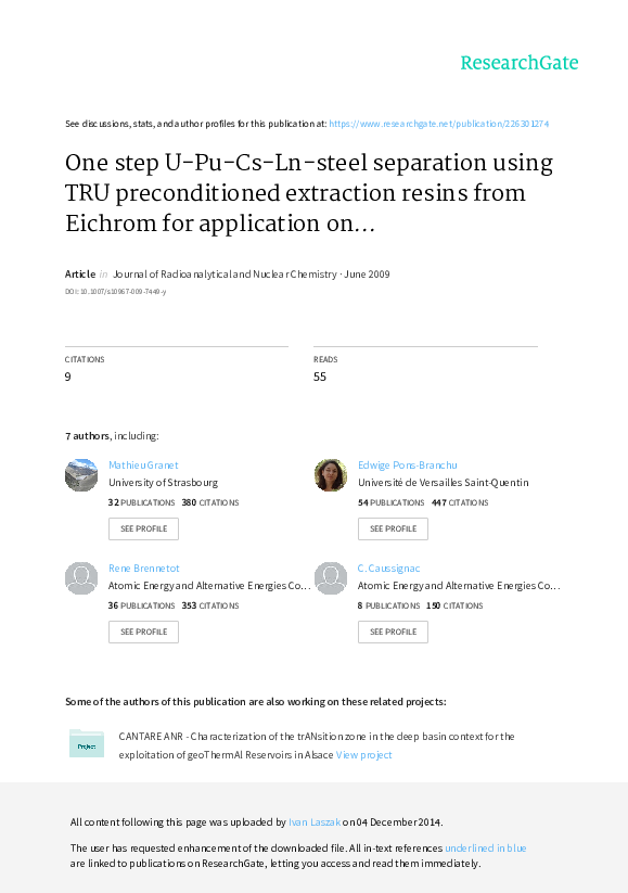 (PDF) One step U-Pu-Cs-Ln-steel separation using TRU preconditioned ...