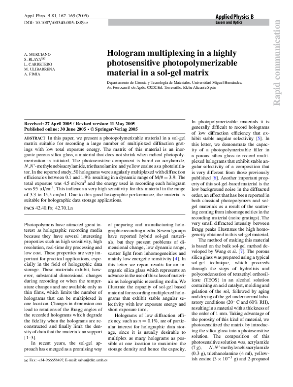 (PDF) Hologram multiplexing in a highly photosensitive photopolymerizable material in a sol-gel ...