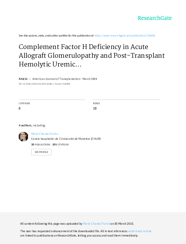 (PDF) Complement Factor H Deficiency in Acute Allograft Glomerulopathy ...