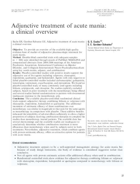 (PDF) Adjunctive treatment of acute mania: a clinical overview