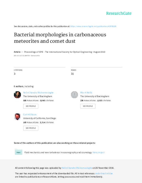 (PDF) Bacterial morphologies in carbonaceous meteorites and comet dust
