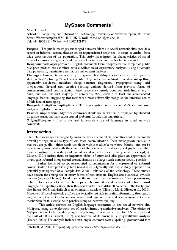 (DOC) MySpace comments