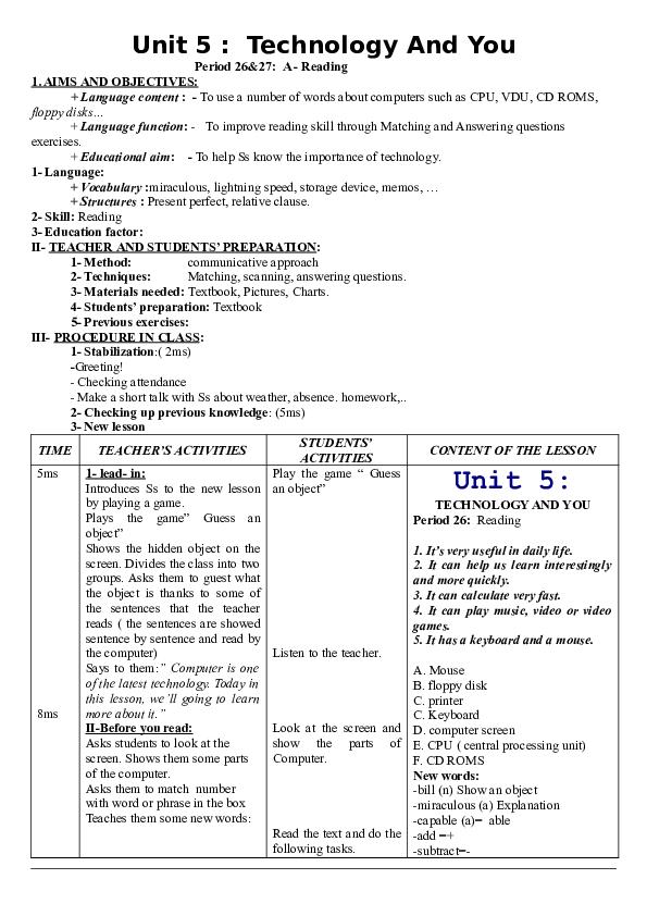 (DOC) Unit 5 Technology and you