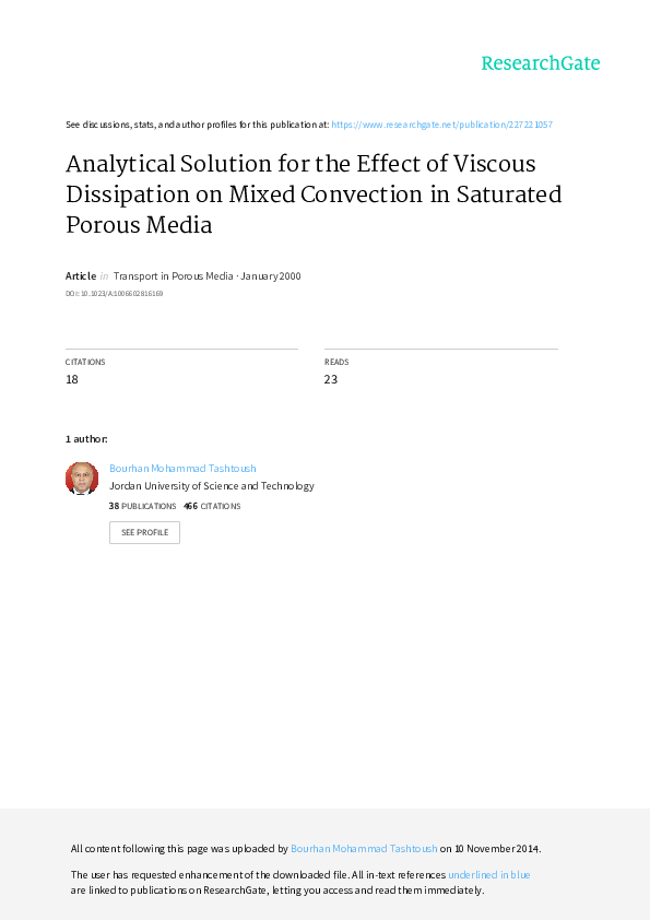 (PDF) Analytical Solution for the Effect of Viscous Dissipation on Mixed Convection in Saturated ...