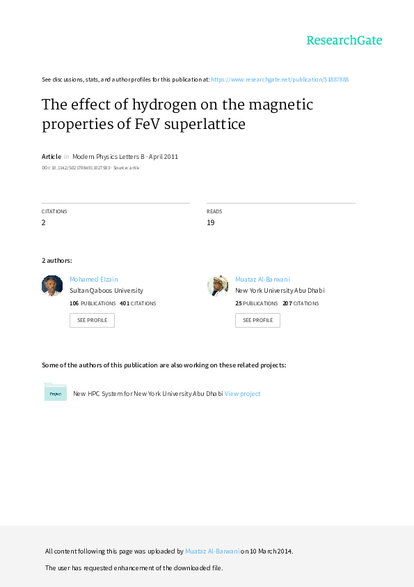 (PDF) The Effect of Hydrogen on the Magnetic Properties of FeV Superlattice