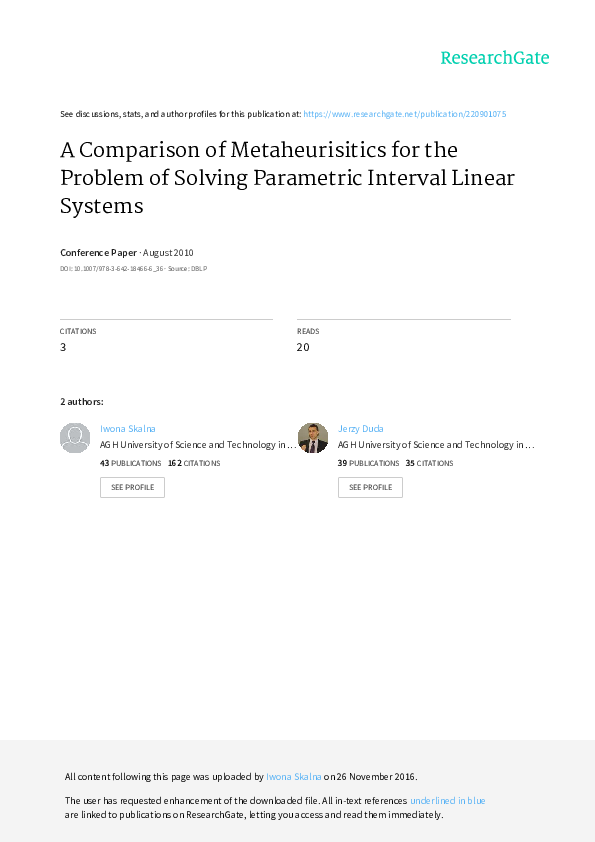 Pdf A Comparison Of Metaheurisitics For The Problem Of Solving Parametric Interval Linear Systems