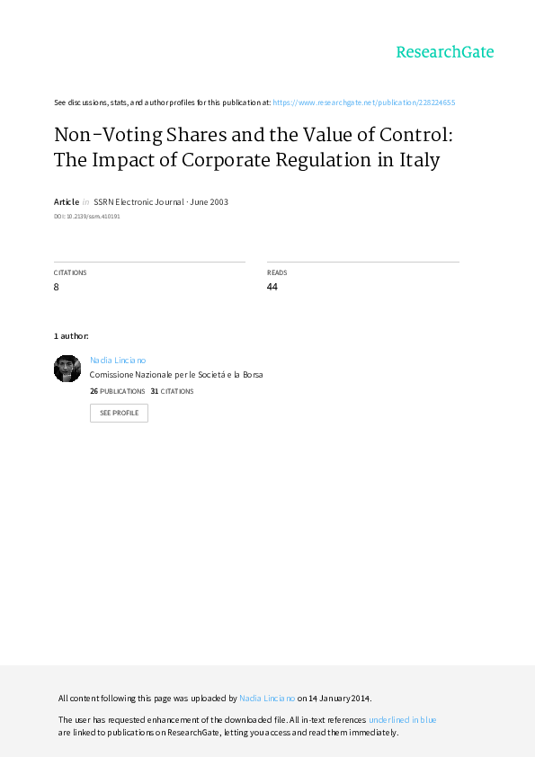 (PDF) Non-Voting Shares and the Value of Control: The Impact of ...