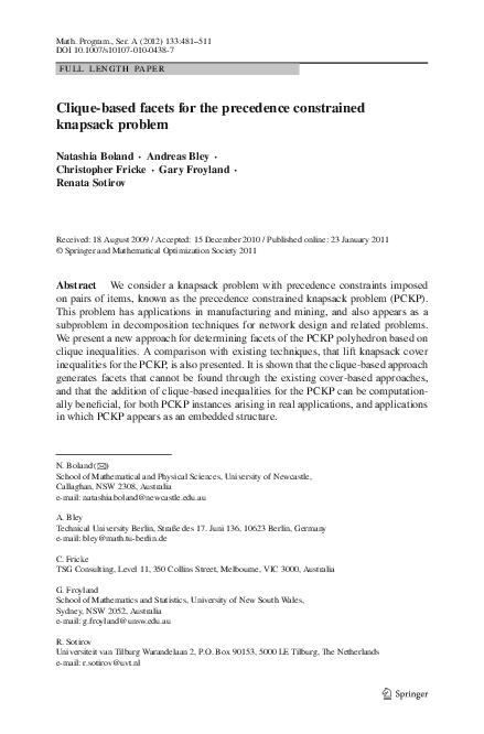 (PDF) Clique-based facets for the precedence constrained knapsack problem