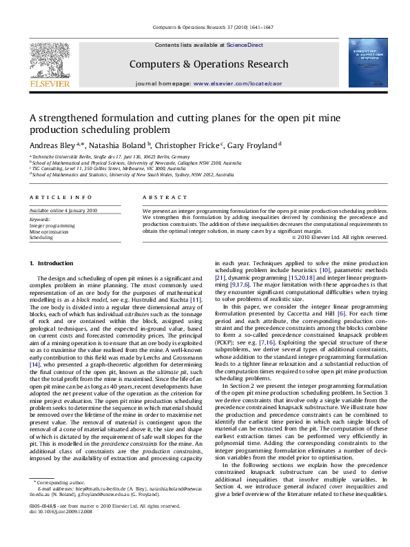 (PDF) A strengthened formulation and cutting planes for the open pit mine production scheduling ...