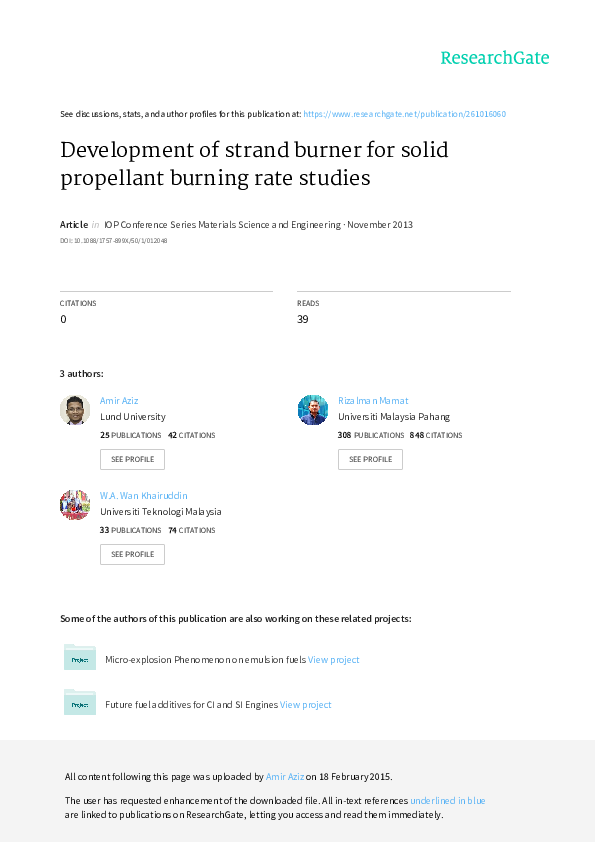 (PDF) Development of strand burner for solid propellant burning rate ...