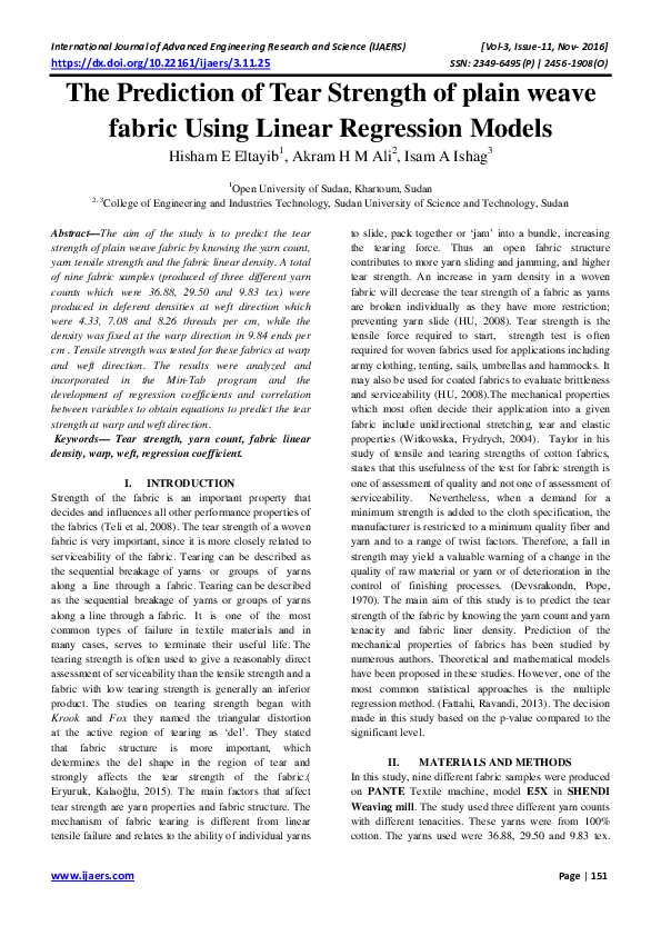 (PDF) The Prediction of Tear Strength of plain weave fabric Using ...