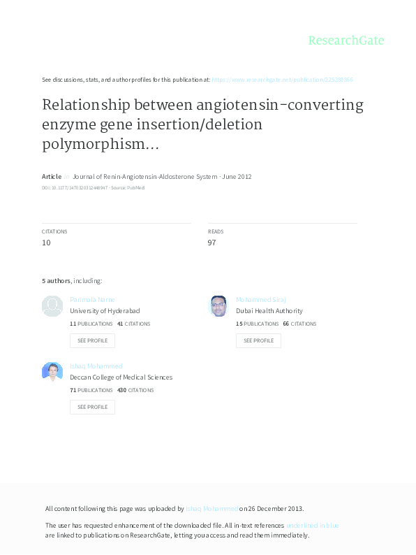 (PDF) The relationship between angiotensin-converting enzyme (insertion/deletion) gene ...
