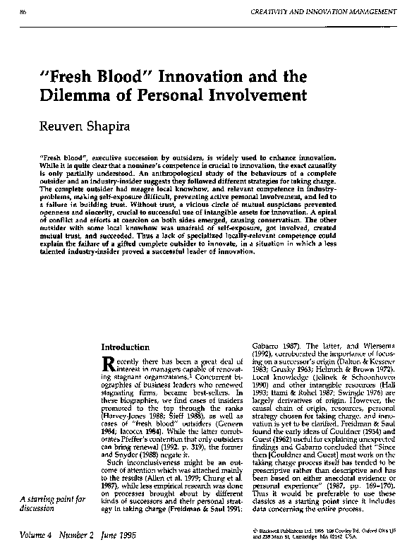 (PDF) "Fresh Blood" Innovation and the Dilemma of Personal Involvement