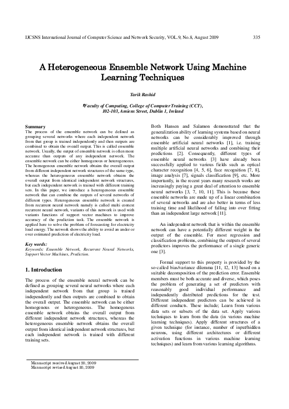 Pdf A Heterogeneous Ensemble Network Using Machine Learning Techniques