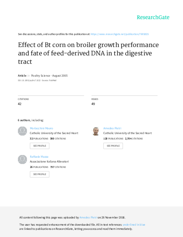 (PDF) Effect of Bt Corn on Broiler Growth Performance and Fate of Feed ...